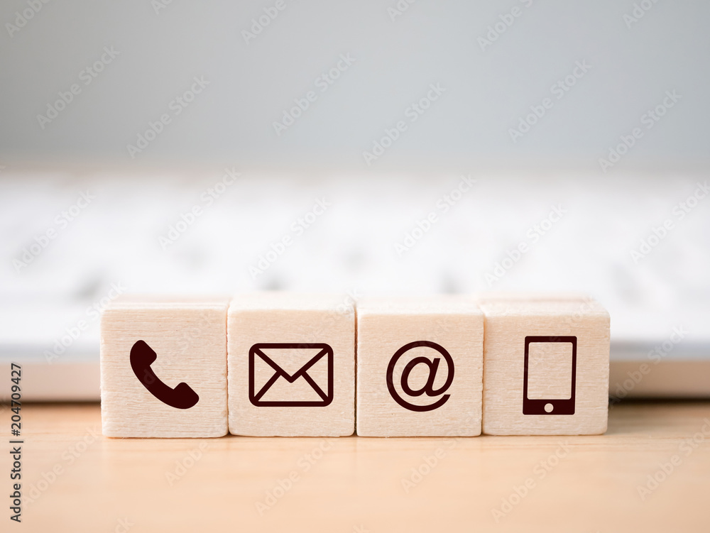 Wood block symbol telephone, mail, address and mobile phone. Website ...