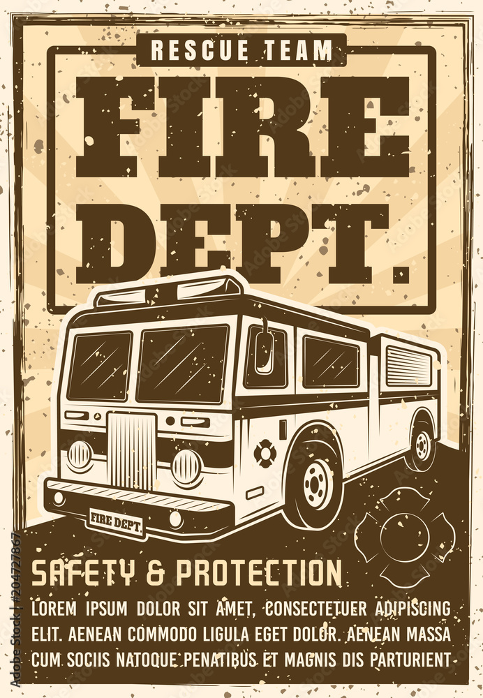 Fire department poster in vintage style with truck Stock Vector | Adobe ...