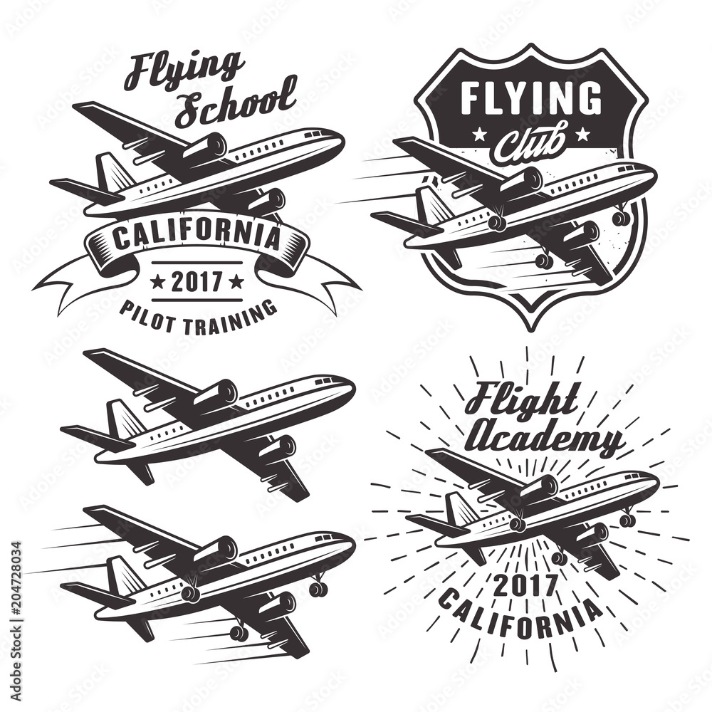 Flying school vector emblems with airplane Stock Vector | Adobe Stock