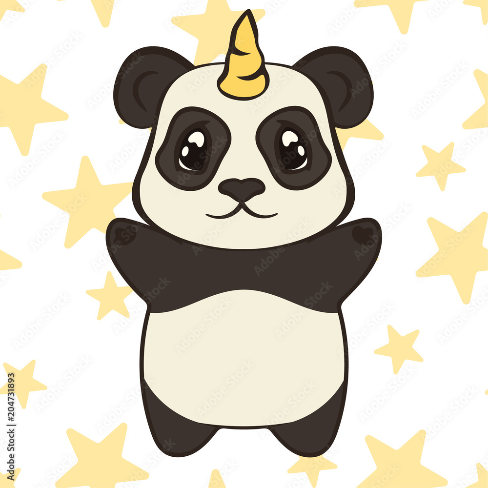 Cute panda bear character with unicorn horn isolated. Panda-unicorn in ...