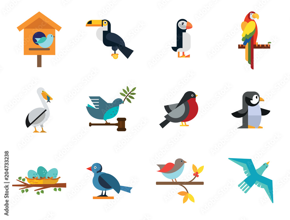 Birds Icon Set. Birdhouse Nest With Eggs Bullfinch Bird Sitting On ...