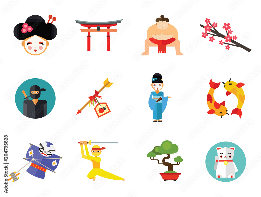 Japan Icon Set. Japanese Kite Japanese Cranes Torii Gate Bonsai Tree ...