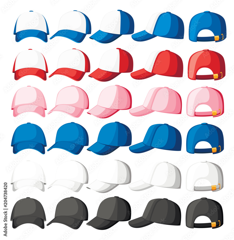 Baseball cap. Collection of various caps. Blue, white, pink and red ...