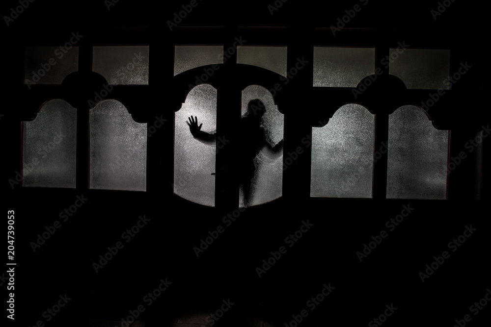 Silhouette of an unknown shadow figure on a door through a closed glass ...
