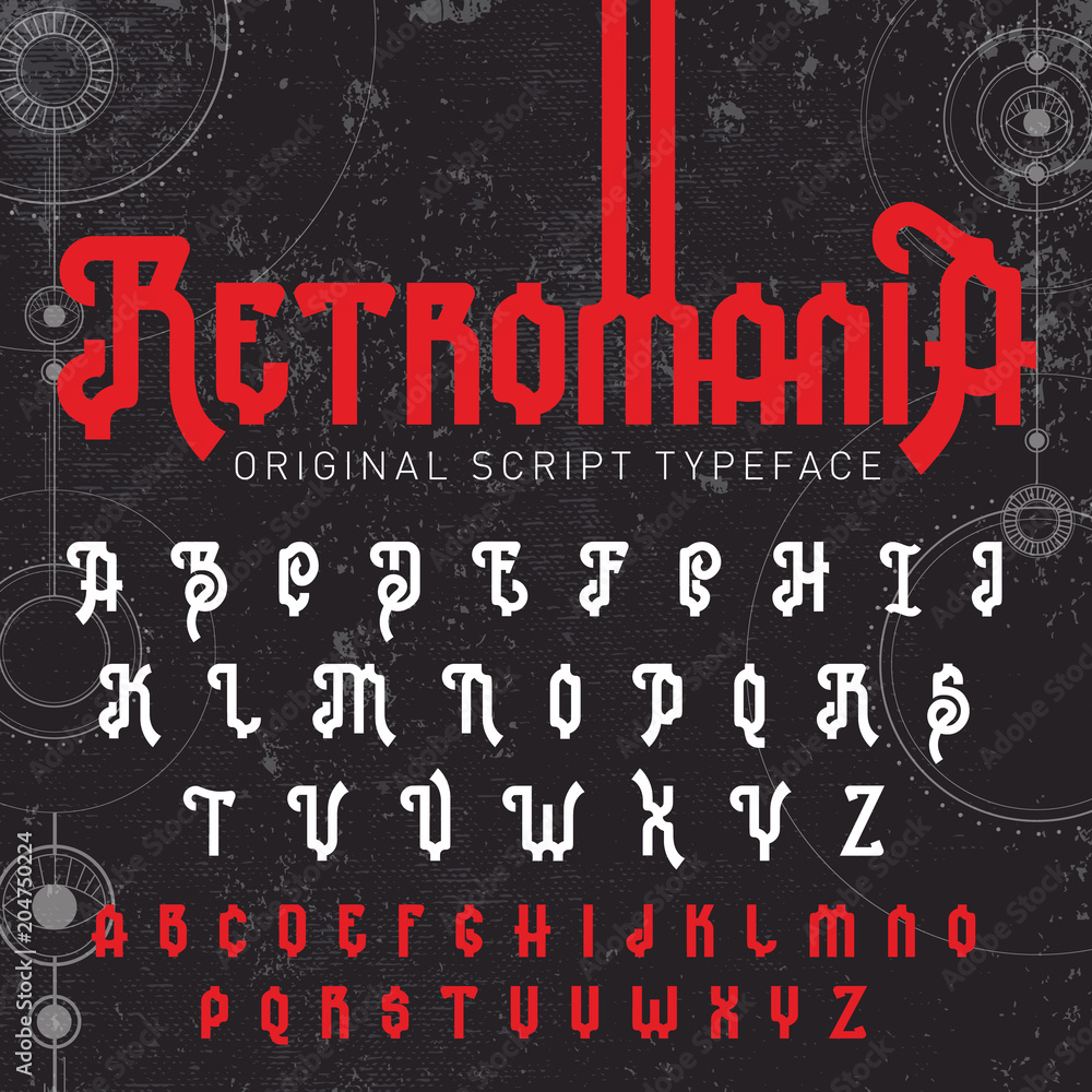 "Retromania" original script typeface. Art deco retro font set on black ...