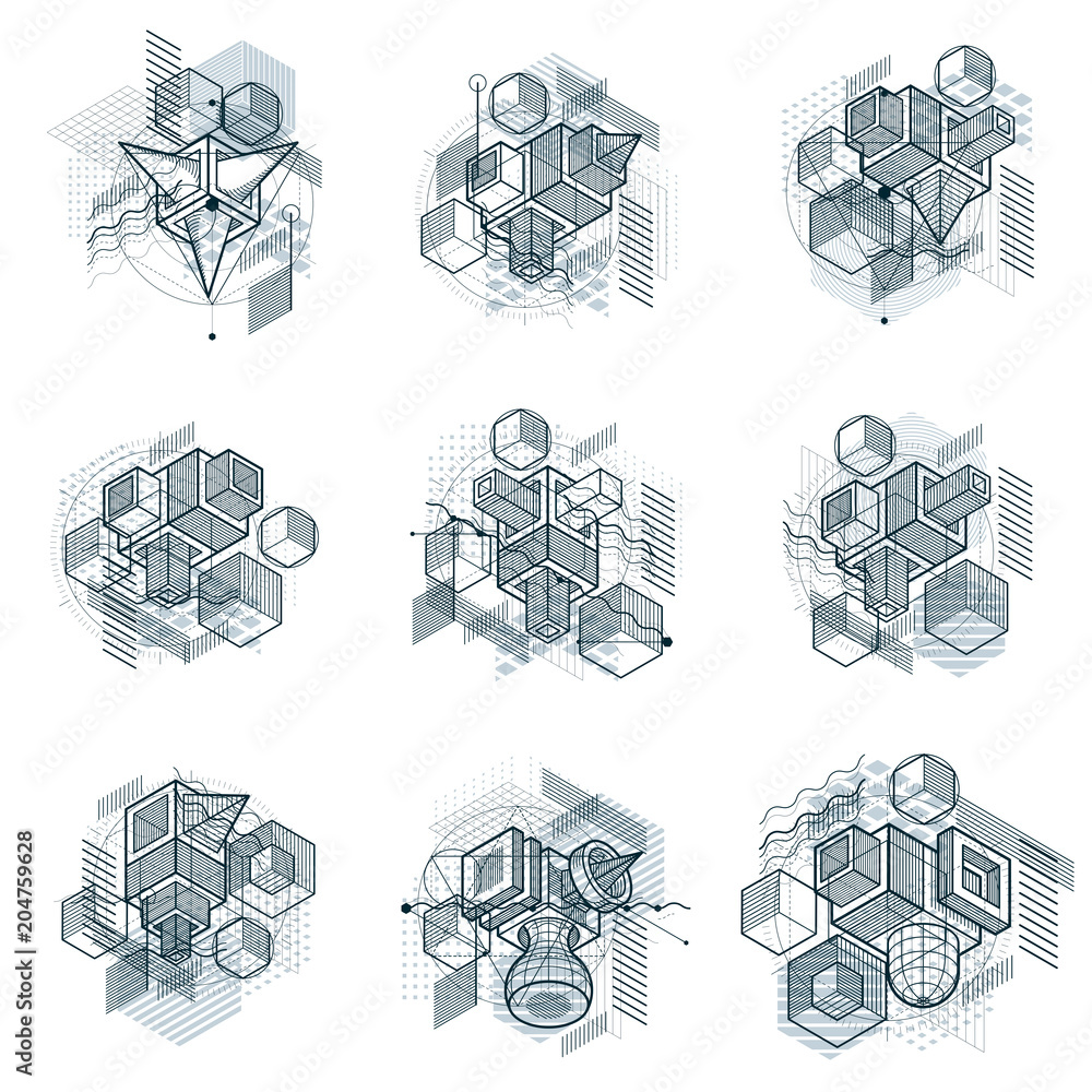 Abstract designs with 3d linear mesh shapes and figures, vector ...