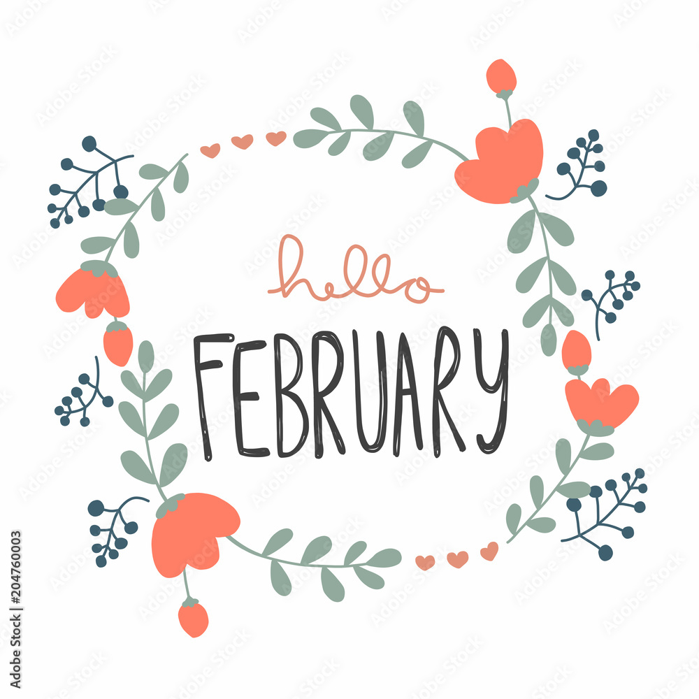 Hello February cute flower wreath vector illustration doodle style ...