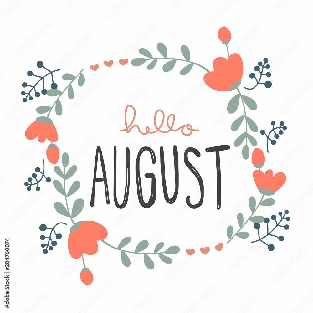 Hello August cute flower wreath vector illustration doodle style Stock ...