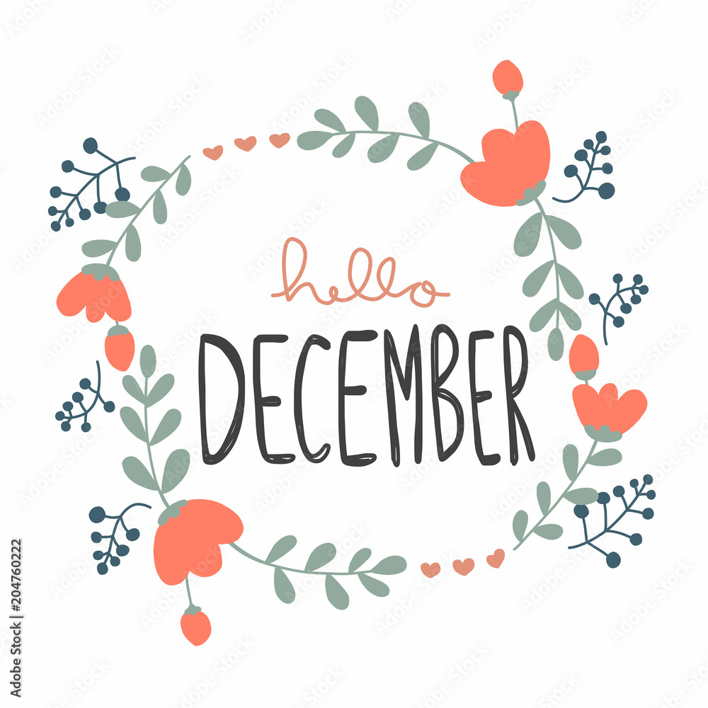 Hello December cute flower wreath vector illustration doodle style ...
