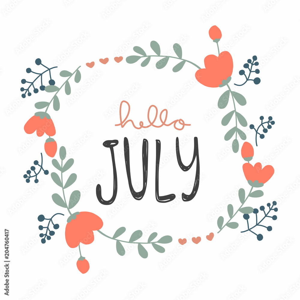 Hello July cute flower wreath vector illustration doodle style Stock ...