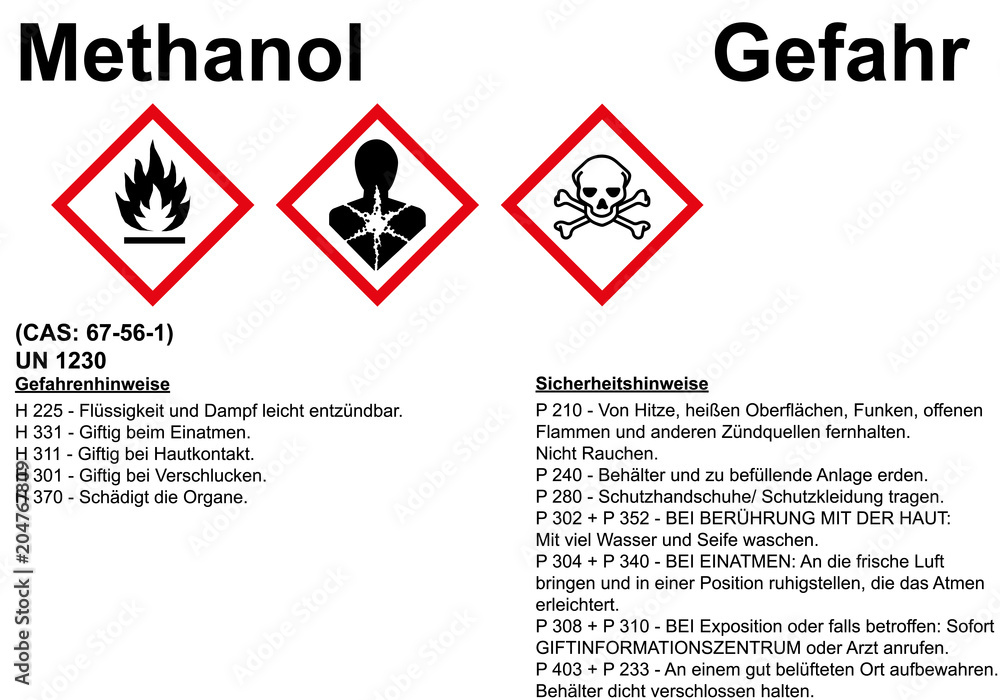 Methanol Sicherheitskennzeichen Gefahrenkennzeichen nach REACH und GHS ...
