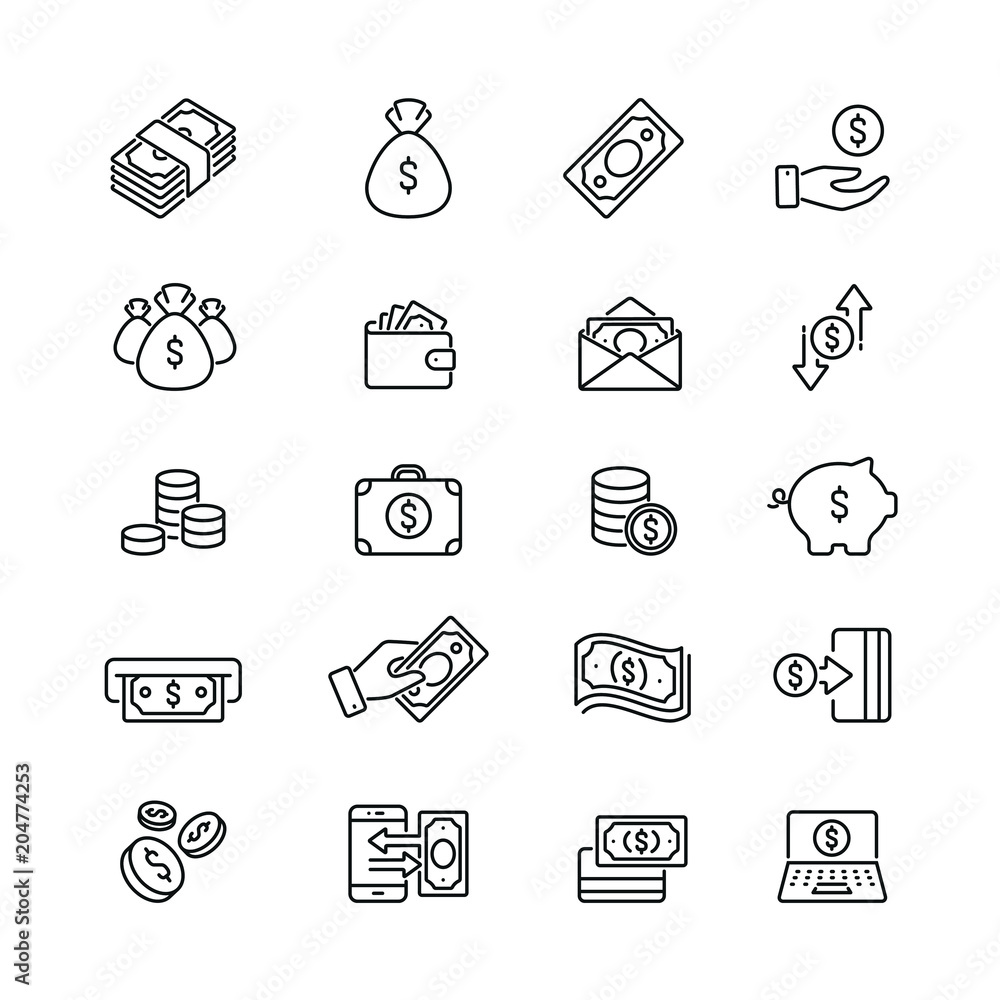 Money related icons: thin vector icon set, black and white kit Stock ...