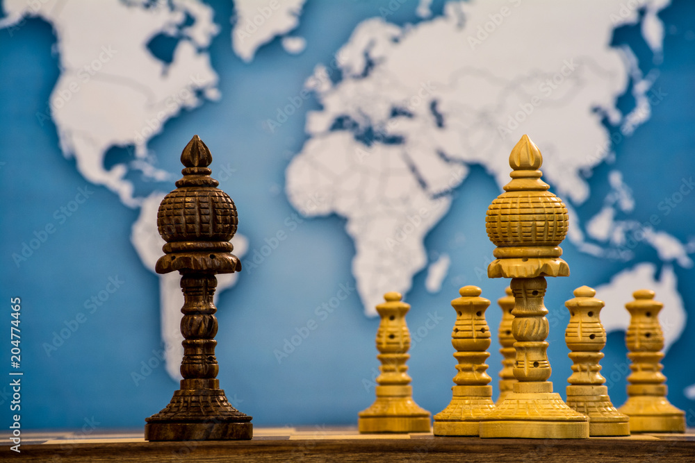 Various chess pieces are on the chessboard. Figures of two colors. In ...