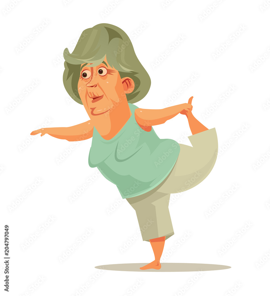 Happy smiling old woman grandma doing yoga sport activity. Active ...