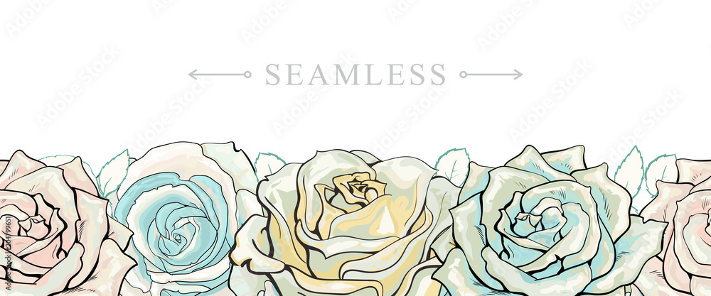 Pastel colored roses border seamless pattern with romantic hand drawn ...