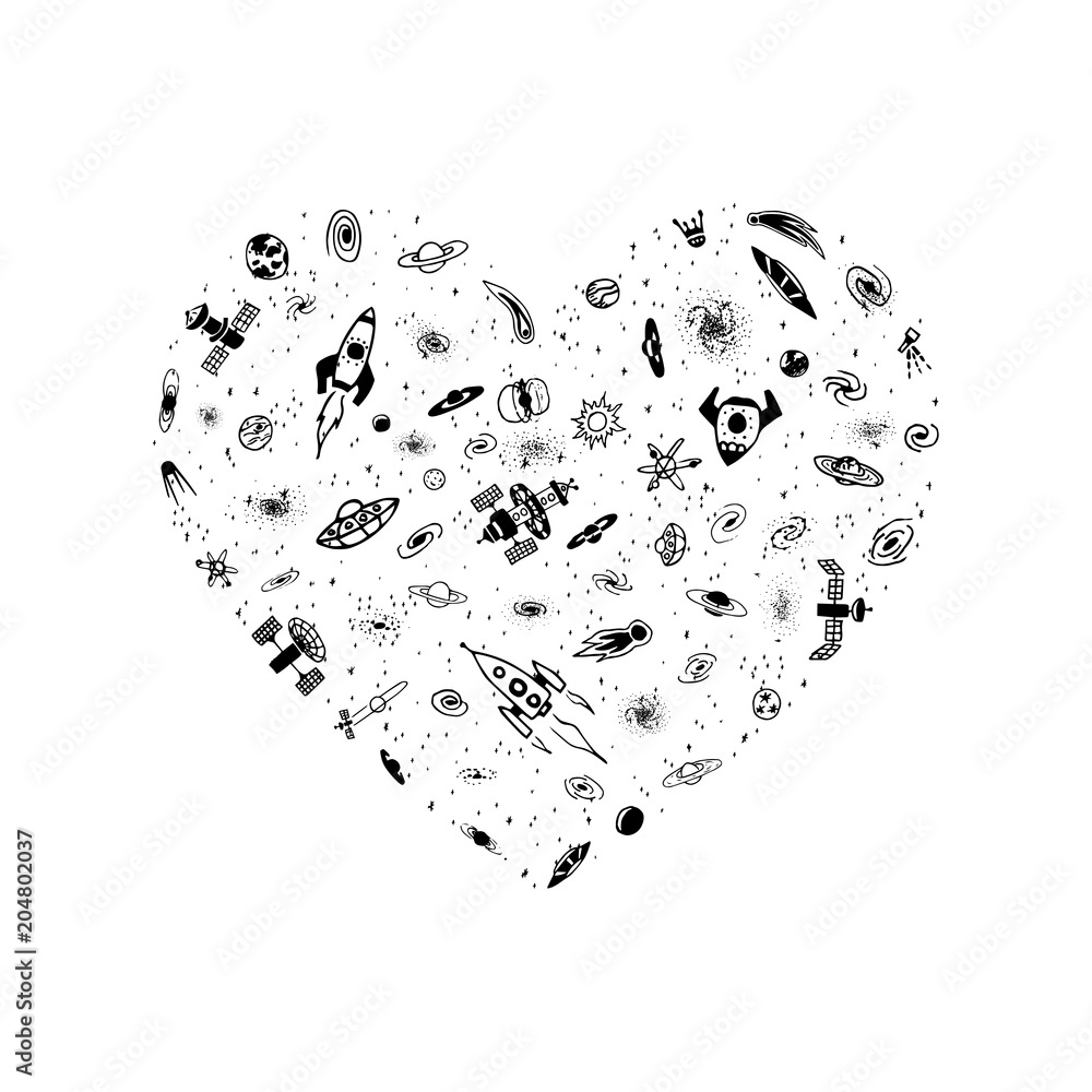 Vector illustration of space object in heart shape. Magic heart from ...