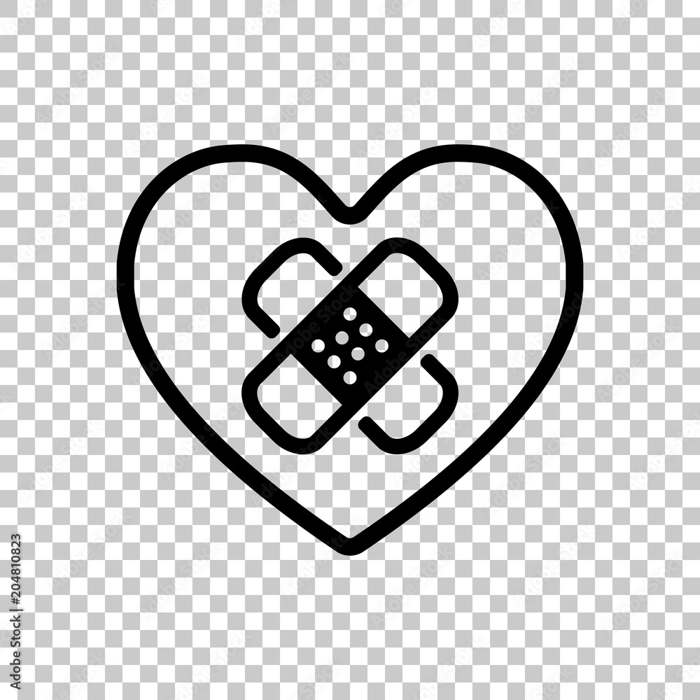 broken heart with patch. linear symbol with thin outline. simple single ...