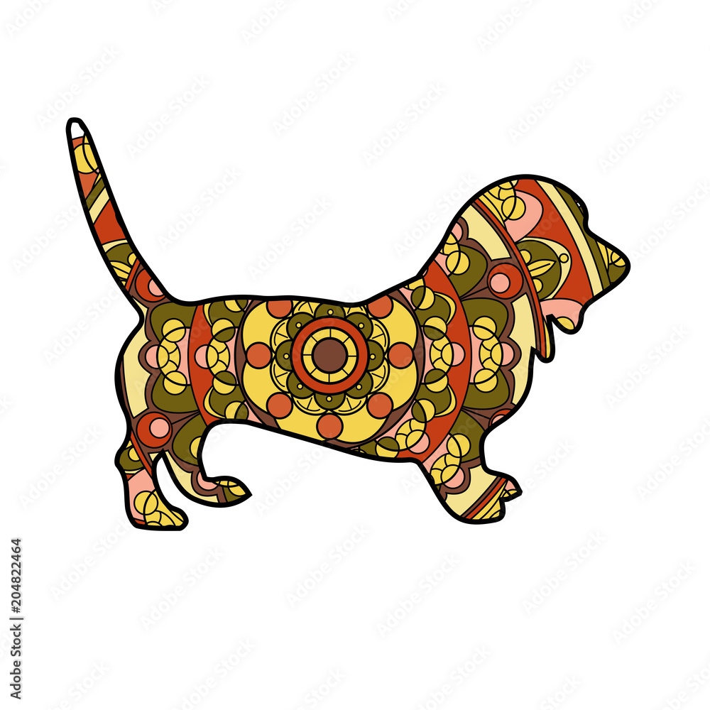 Vector illustration of a colored mandala dog isolated on white, cane ...