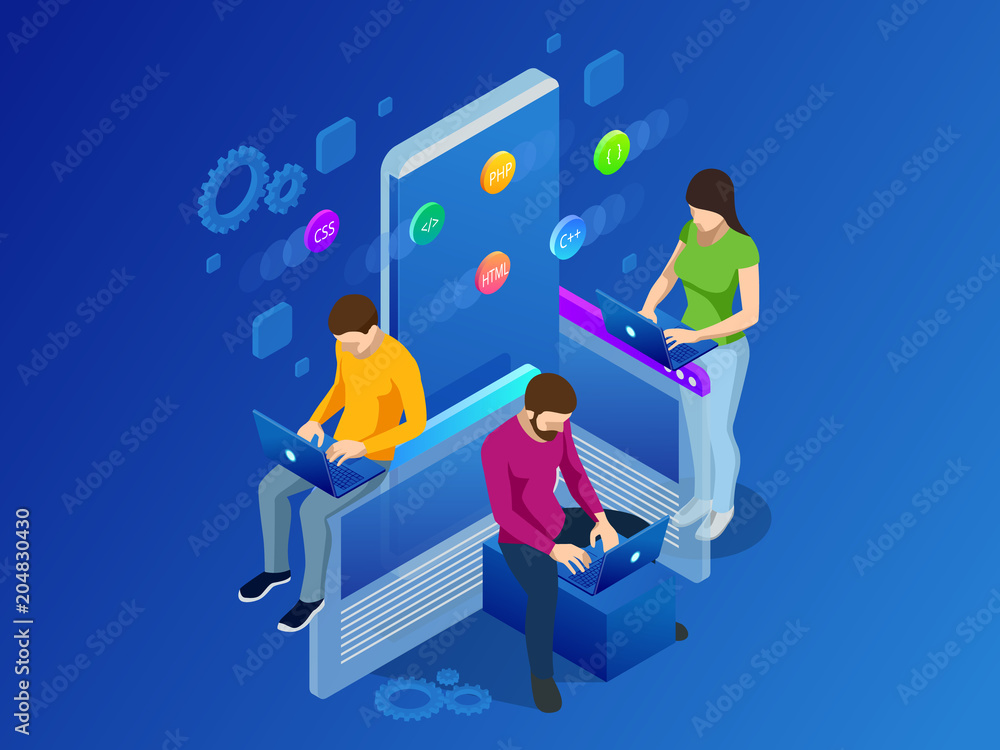 Isometric Mobile Applications concept. Developing programming and ... Isometric Mobile Applications concept. Developing programming and ...