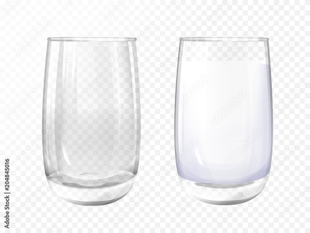 Vector realistic glass empty and milk cup on transparent background. 3d ...