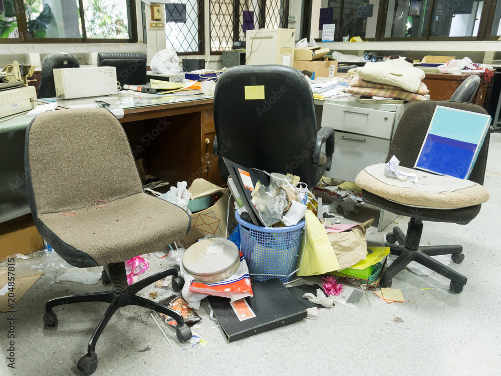 Dirty, messy and abandoned office, poor light Stock Photo | Adobe Stock