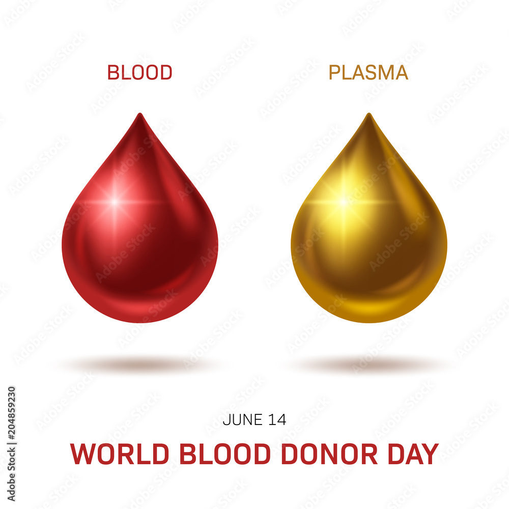 World blood donor day poster. Realistic blood and plasma drops. Vector ...