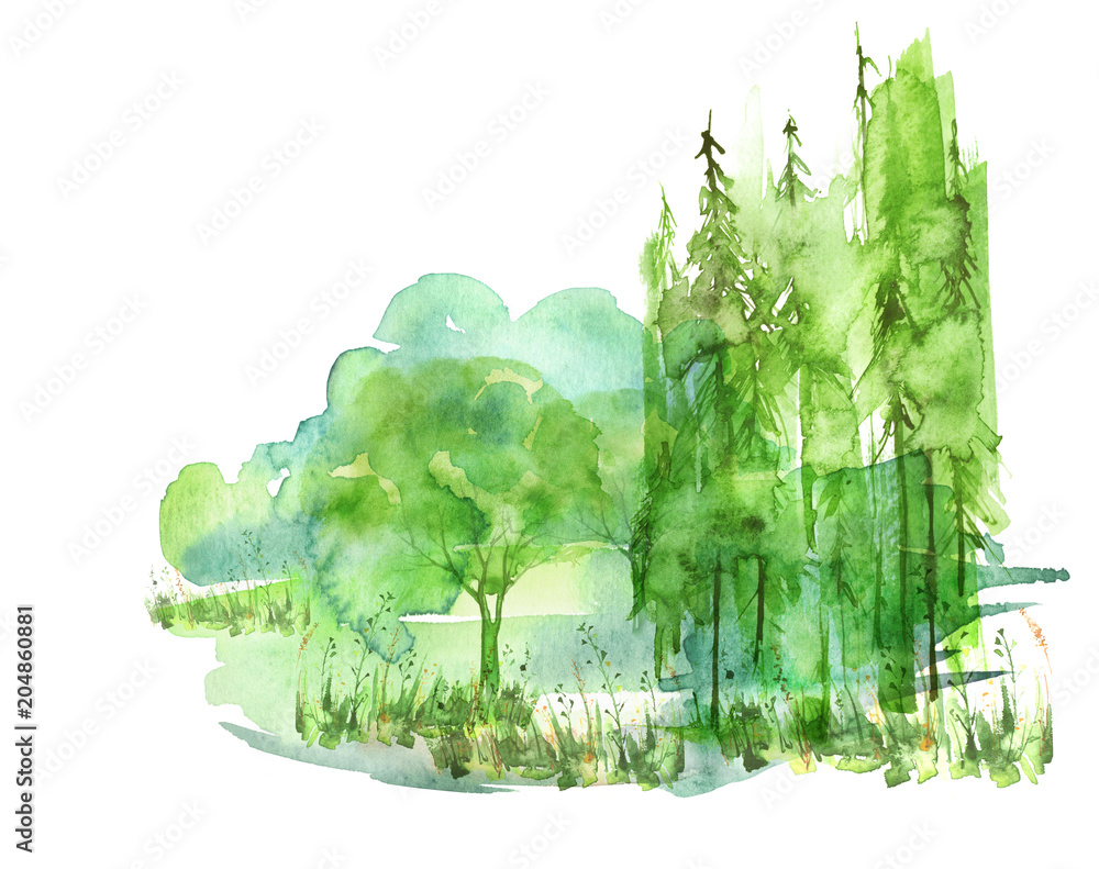 Watercolor painting, picture, landscape - green forest, nature, tree ...