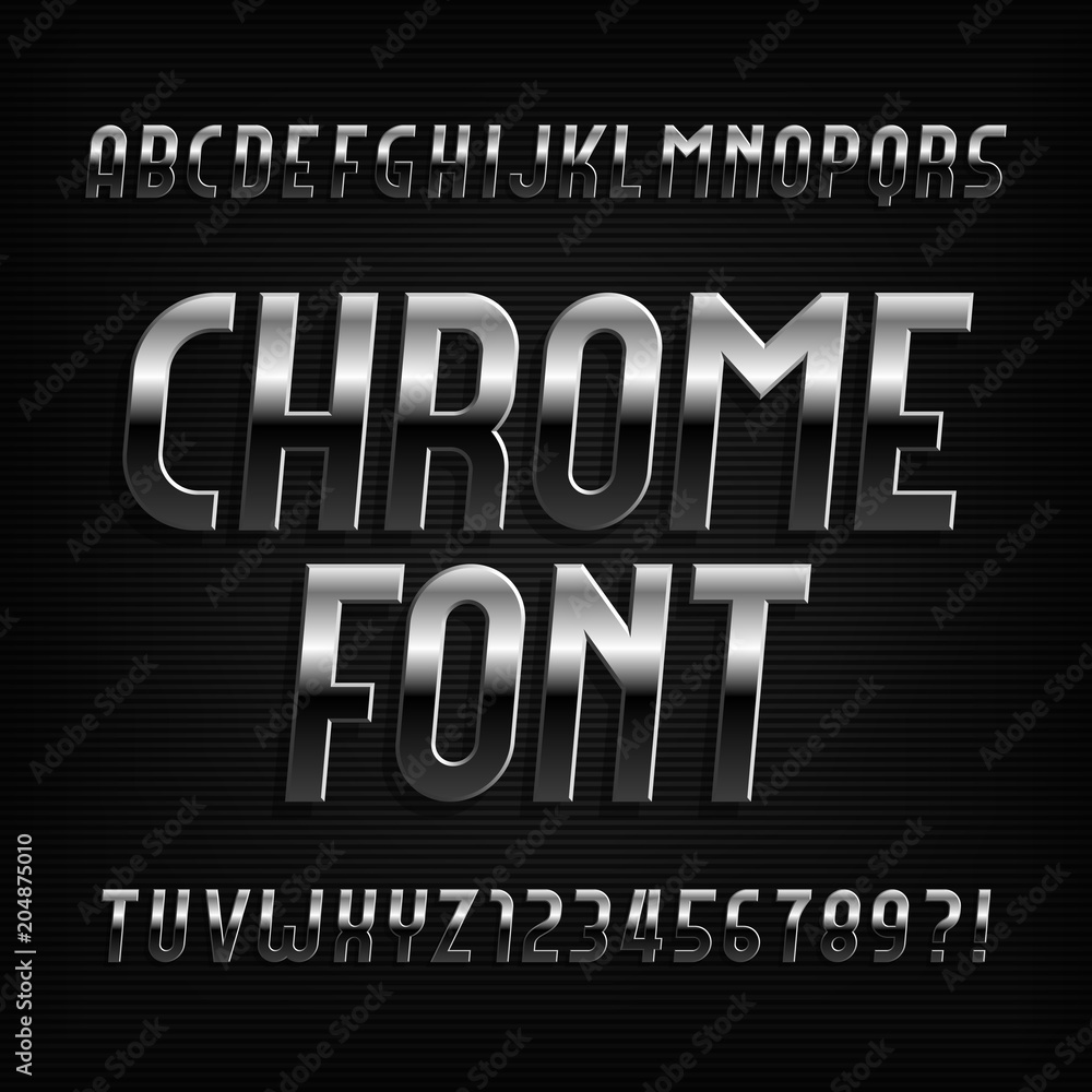 Chrome alphabet font. Metallic effect oblique letters, numbers and ...