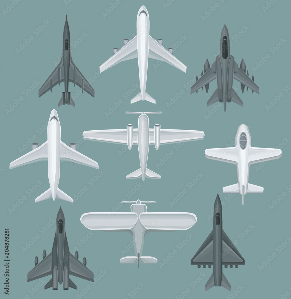Flat vector set of different types of aircraft. Powerful fighter jets ...