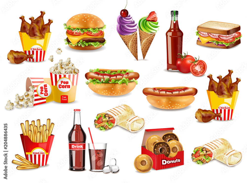 Fast food meals set collection Vector. Realistic detailed collection ...