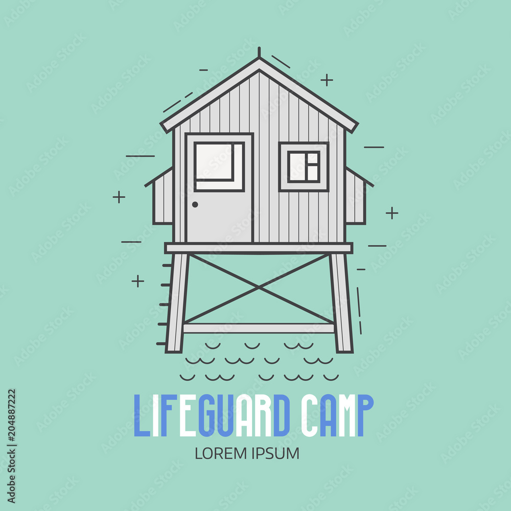Beach lifeguard camp logo in thin line design. Life guard house or ...