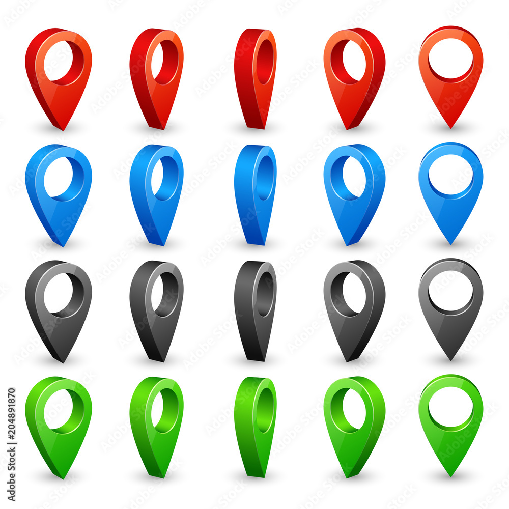 Color 3d map pins. Place location and destination icons. Navigation pin ...