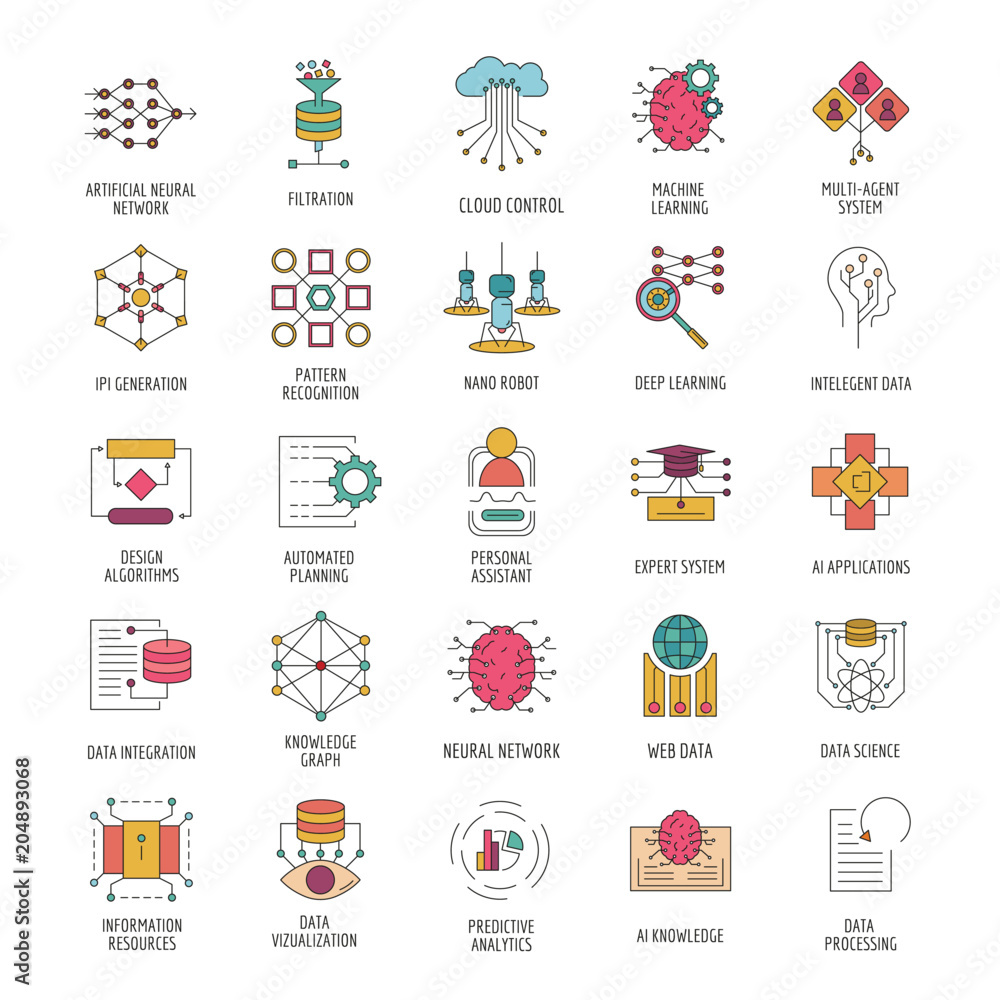 Neural network icons set, cartoon style Stock Vector | Adobe Stock