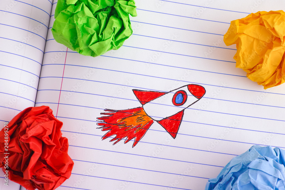 Space Rocket Blasting Off For New Ideas Through Colourful Crumpled ...