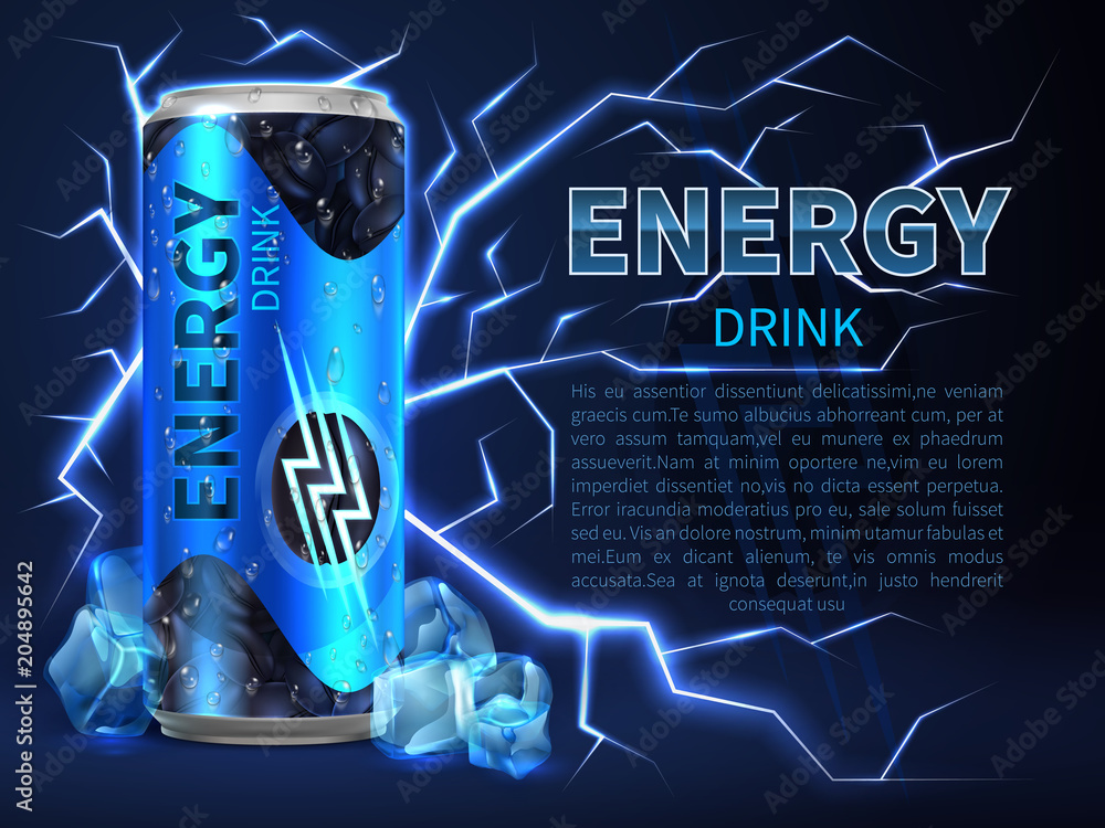 Energy drink can surrounded of electrical discharges and sparks on dark ...