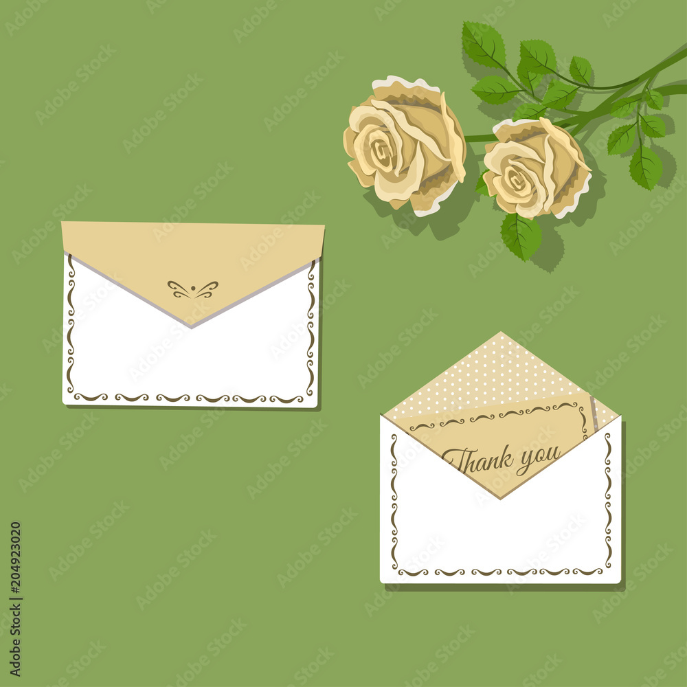 Thank you card and open and closed envelope, decorated pattern and ...