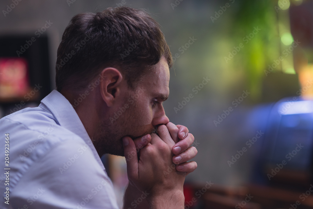 Man pray with bible, Caucasian men believe in the prayer to God ...