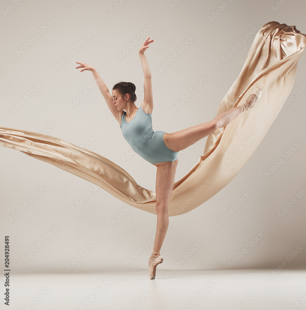 Modern ballet dancer dancing in full body on white studio background ...