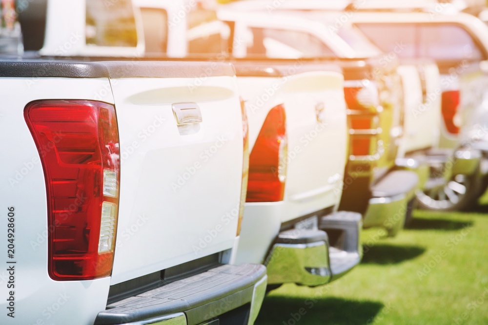 cars pickup truck in the parking lot outdoor patio lawn. Stock Photo ...