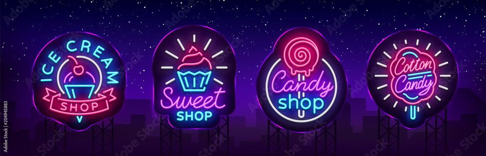 Sweets Shop is collection logos of neon style. Ice cream shop, Cotton ...