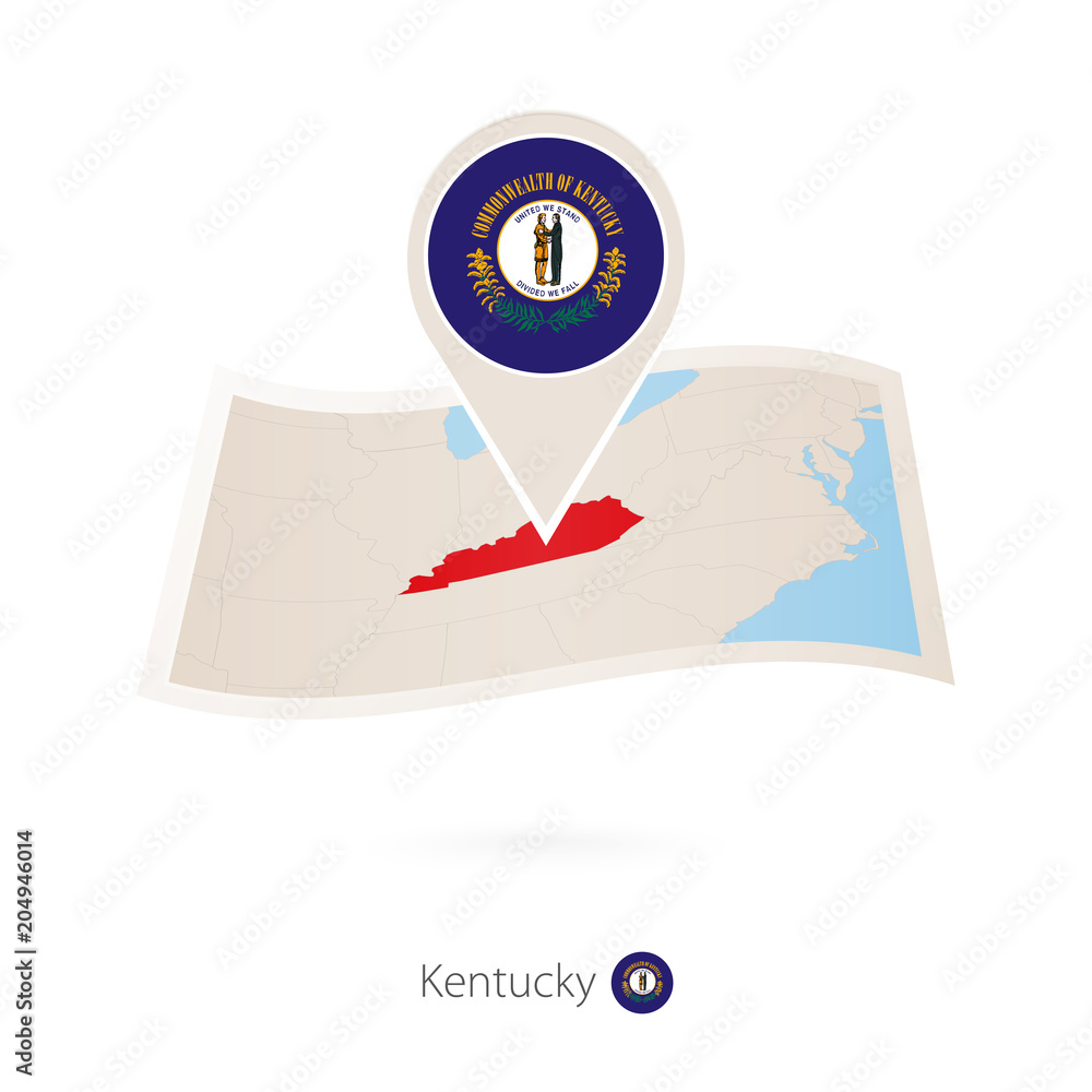 Folded paper map of Kentucky U.S. State with flag pin of Kentucky ...