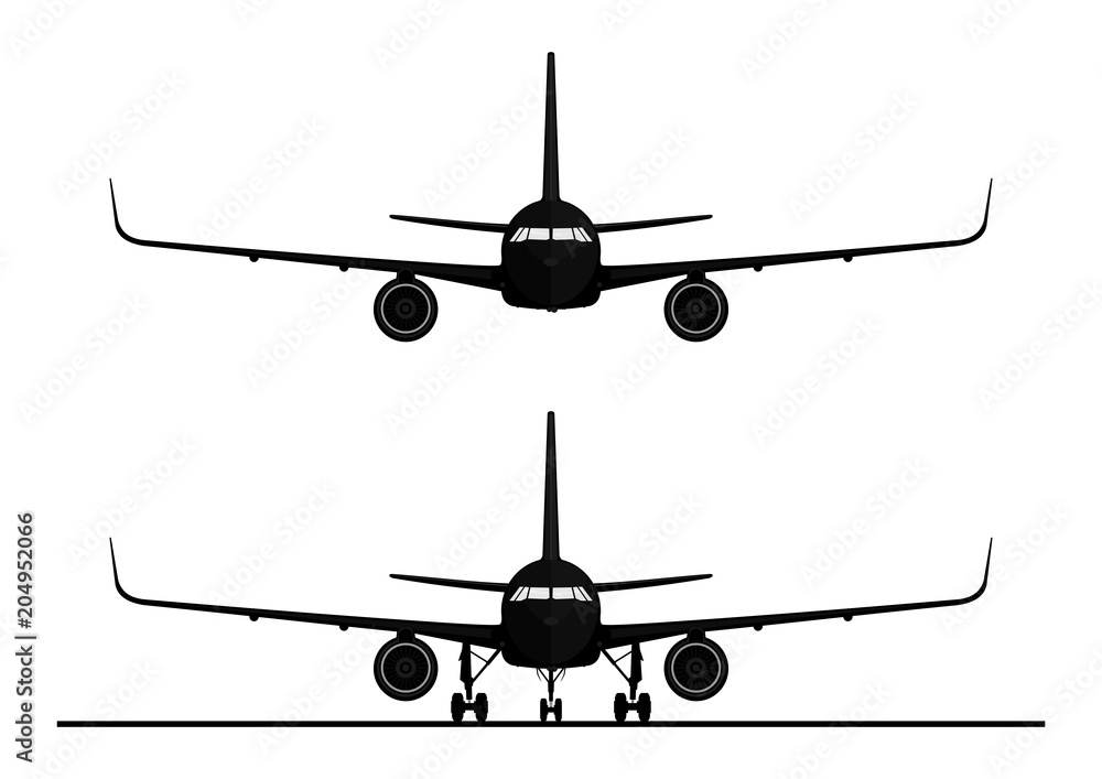 Silhouette of a modern jet airliner. Front view. Flat vector for ...