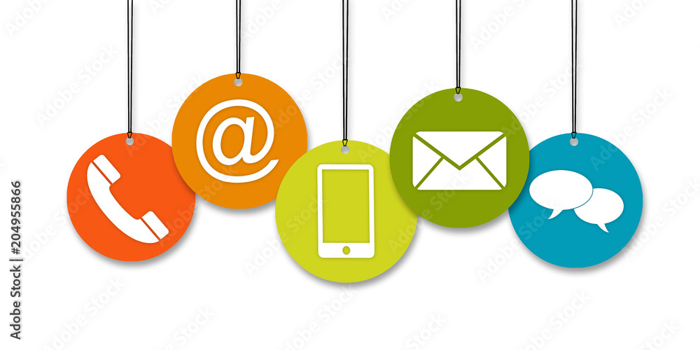 Website and Internet contact us page concept with hanging icons in ...