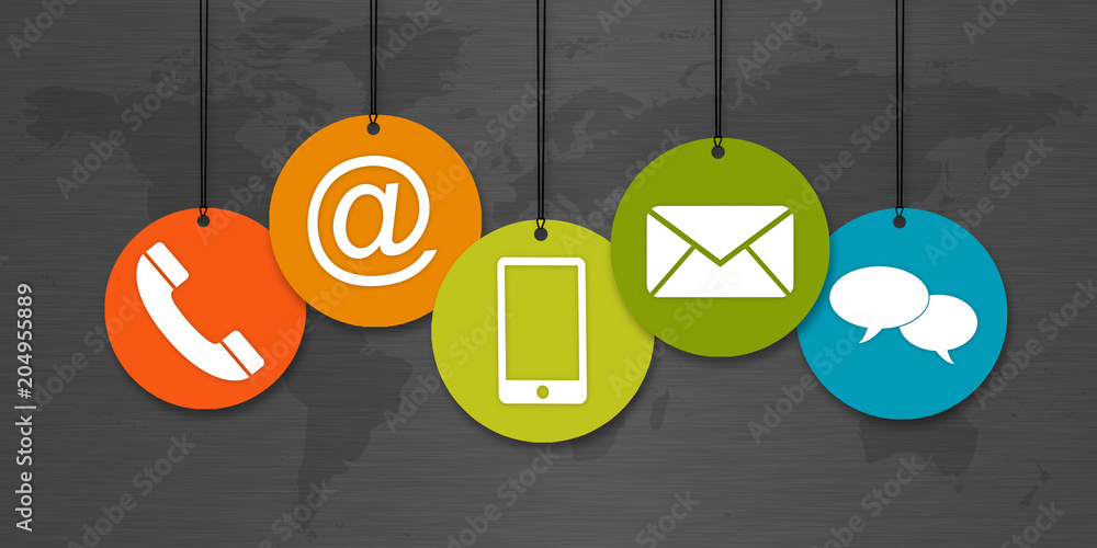 Website and Internet contact us page concept with hanging icons in ...