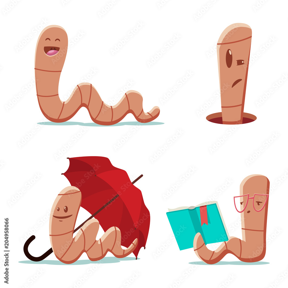 Cute cartoon worm with a book and an umbrella. Vector illustration of a ...