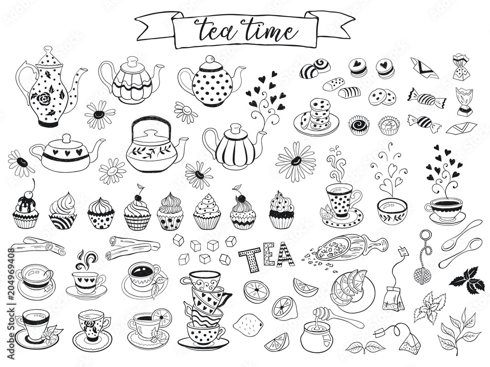 Tea time doodle elements collection. Hand drawn tea vector icons ...