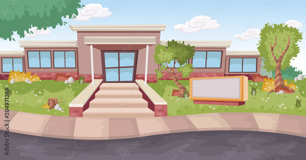 Entrance door of a cartoon school building. Stock Vector | Adobe Stock