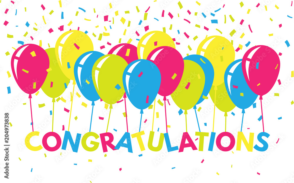 Congratulations colorful with confetti and balloons. Flat greeting ...