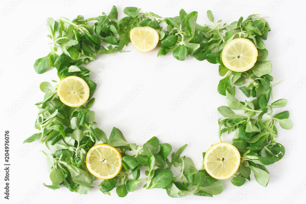 Decorative green vegetable frame composition. Various salad leaves ...