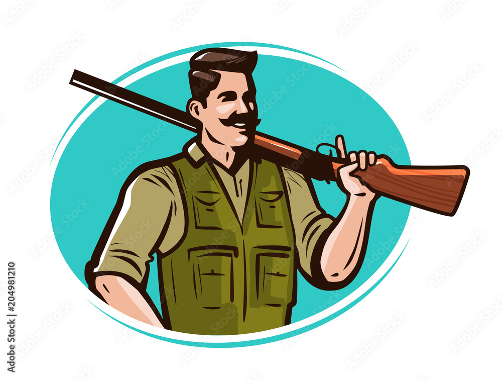 Hunter with gun on his shoulder. Hunting cartoon vector illustration ...